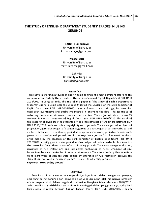 (PDF) The Study of English Department Students’ Errors in Using Gerunds