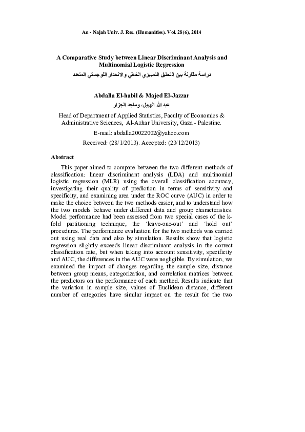 (PDF) A Comparative Study between Linear Discriminant Analysis and Multinomial Logistic Regression