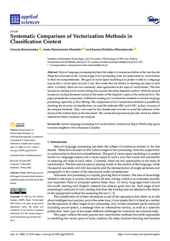 Pdf Systematic Comparison Of Vectorization Methods In Classification