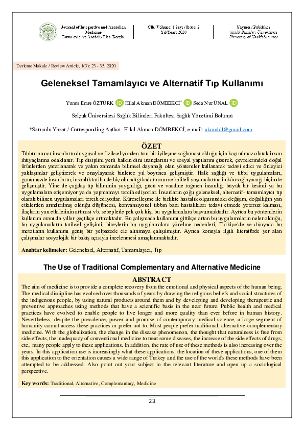 (PDF) Geleneksel Tamamlayici Ve Alternati̇f Tip Kullanimi