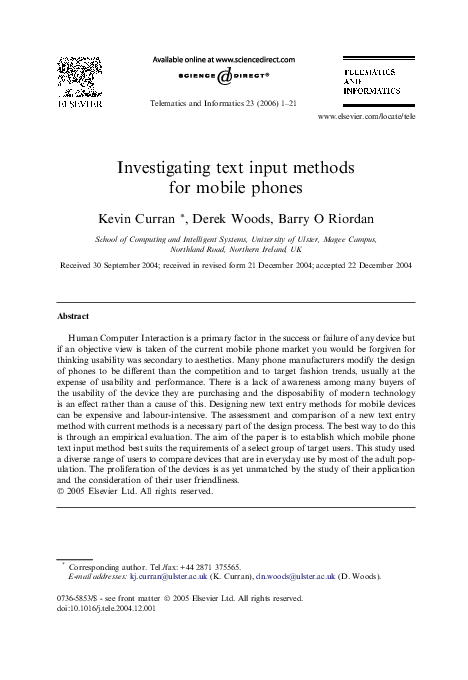 Pdf Investigating Text Input Methods For Mobile Phones
