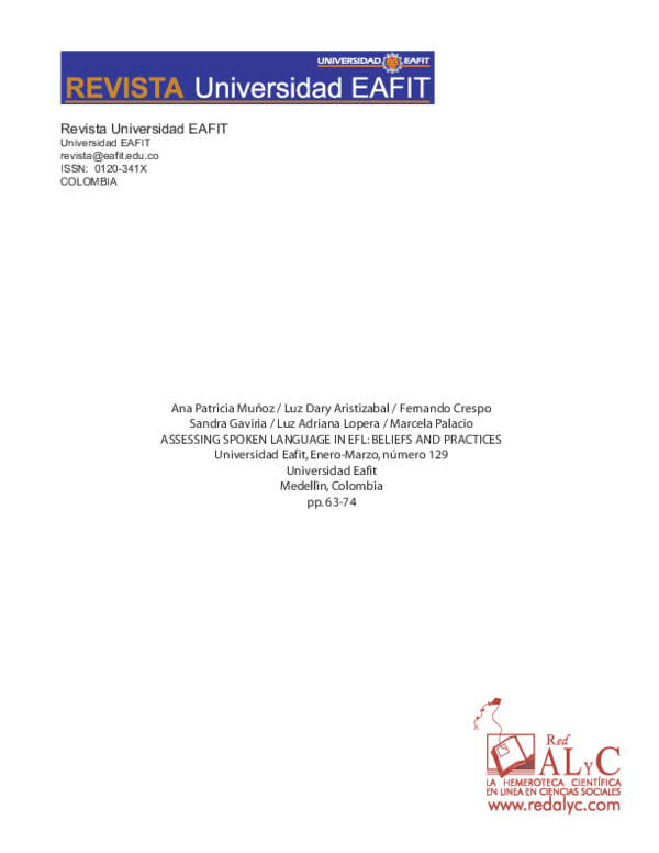 (PDF) ASSESSING SPOKEN LANGUAGE IN EFL: BELIEFS AND PRACTICES Universidad Eafit, Enero-Marzo ...