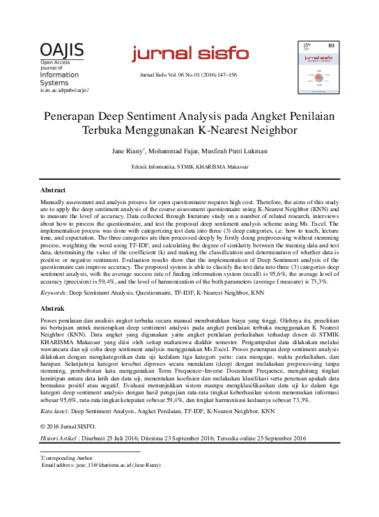 (PDF) Penerapan Deep Sentiment Analysis pada Angket Penilaian Terbuka Menggunakan K-Nearest Neighbor