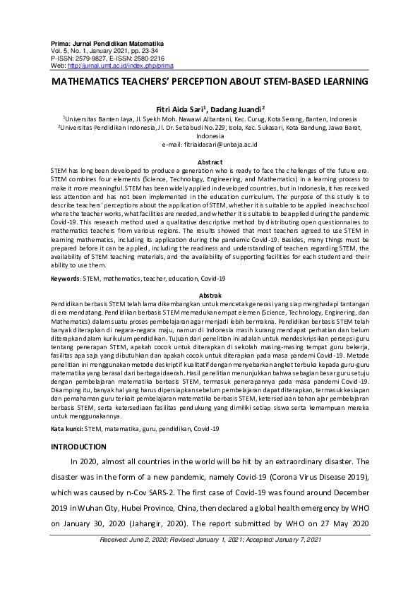 Pdf Mathematics Teachers Perception About Stem Based Learning