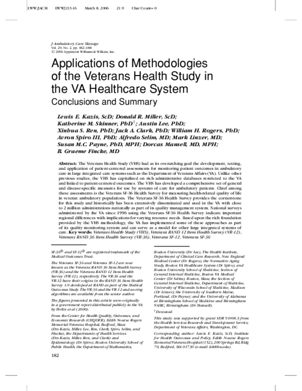 (PDF) Applications of methodologies of the Veterans Health Study in the ...