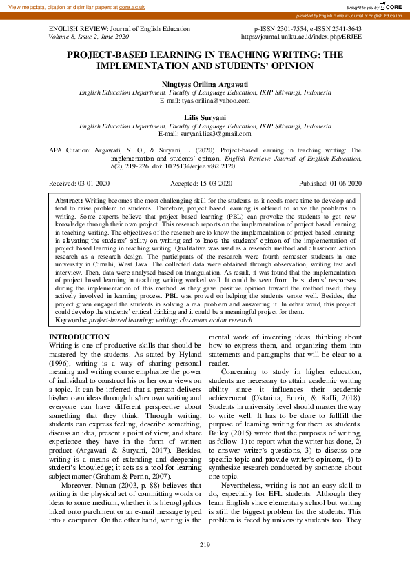 (PDF) Project-Based Learning in Teaching Writing: The Implementation and Students Opinion