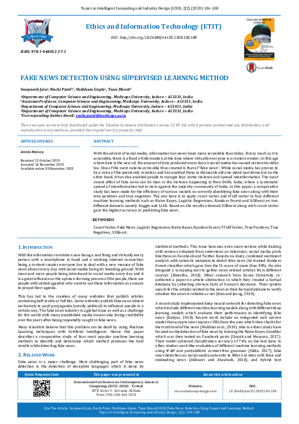 Fake News Detection Using Supervised Learning Method Fake News Detection Using Supervised Learning Method