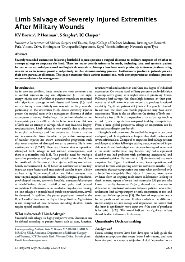 (PDF) Limb Salvage of Severely Injured Extremities After Military Wounds