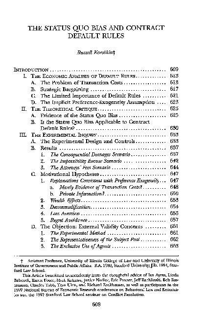(PDF) Status Quo Bias and Contract Default Rules
