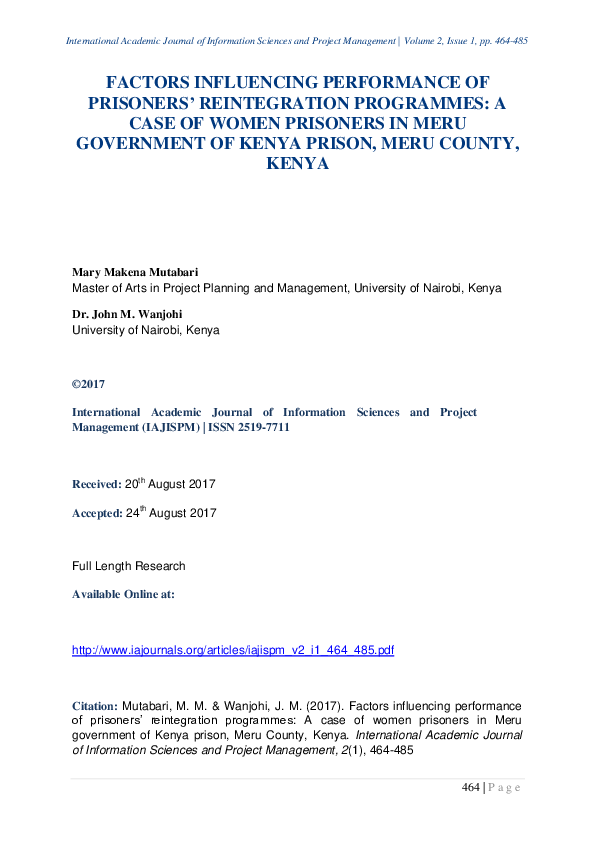 (PDF) Factors influencing performance of prisoners’ reintegration programmes: A case of women ...