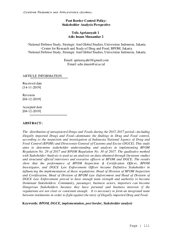 (PDF) Post Border Control Policy: Stakeholder Analysis Perspective