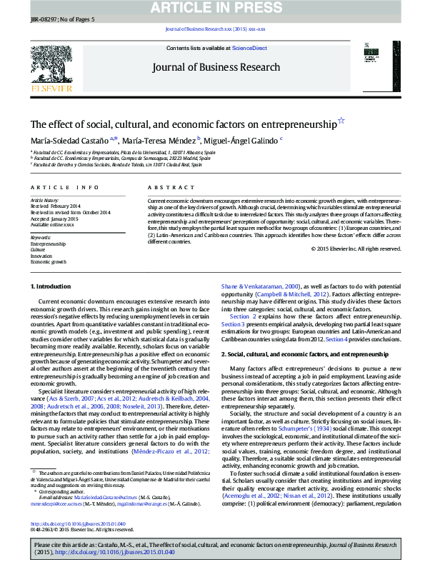 (PDF) The effect of social, cultural, and economic factors on entrepreneurship