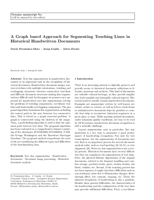 Pdf A Graph Based Approach For Segmenting Touching Lines In Historical Handwritten Documents
