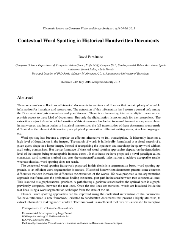 (PDF) Contextual Word Spotting in Historical Handwritten Documents