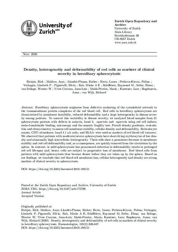 (PDF) Density, heterogeneity and deformability of red cells as markers ...