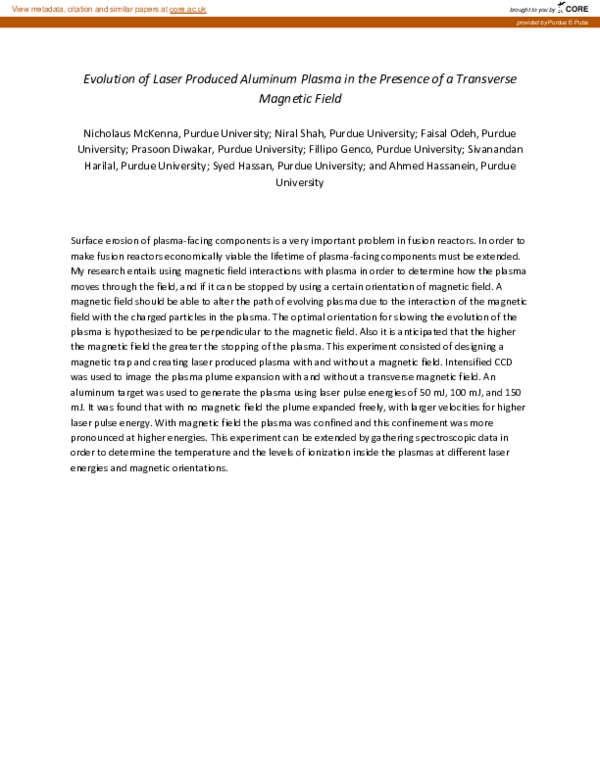 (PDF) Evolution of Laser Produced Aluminum Plasma in the Presence of a ...