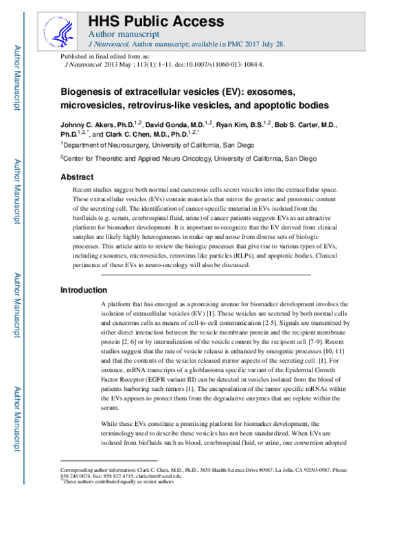 Pdf Biogenesis Of Extracellular Vesicles Ev Exosomes