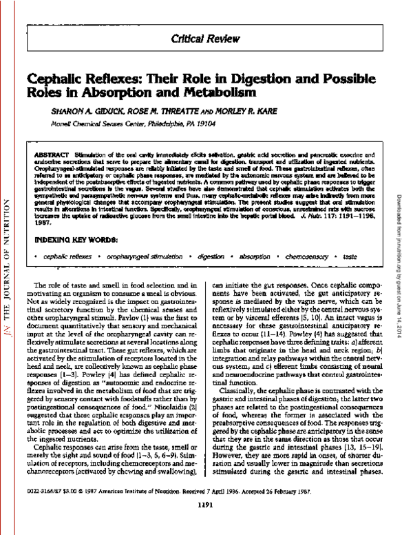 (PDF) Cephalic Reflexes: Their Role in Digestion and Possible Roles in ...