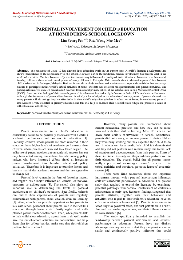(PDF) Parental Involvement on Child’s Education at Home During School Lockdown
