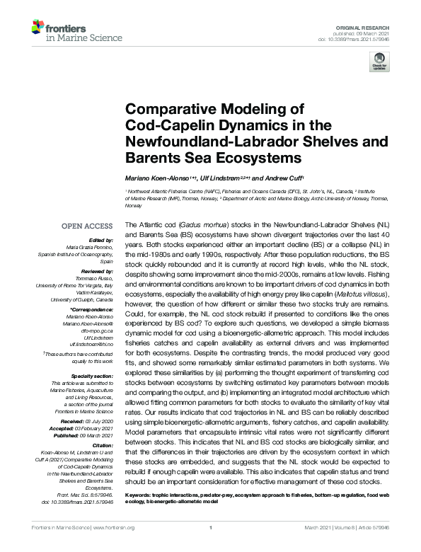 (PDF) Comparative Modeling of Cod-Capelin Dynamics in the Newfoundland ...