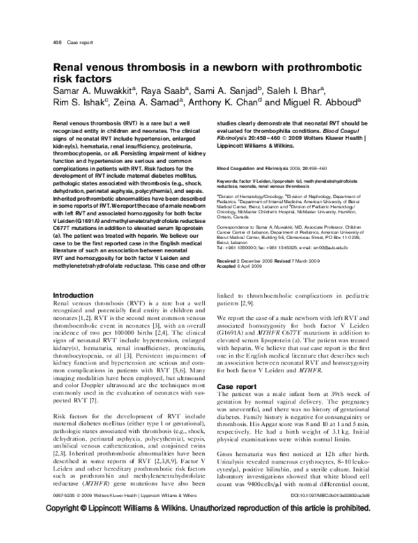 (PDF) Renal venous thrombosis in a newborn with prothrombotic risk factors