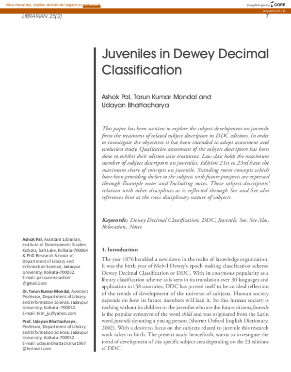 (PDF) Juveniles in Dewey Decimal Classification