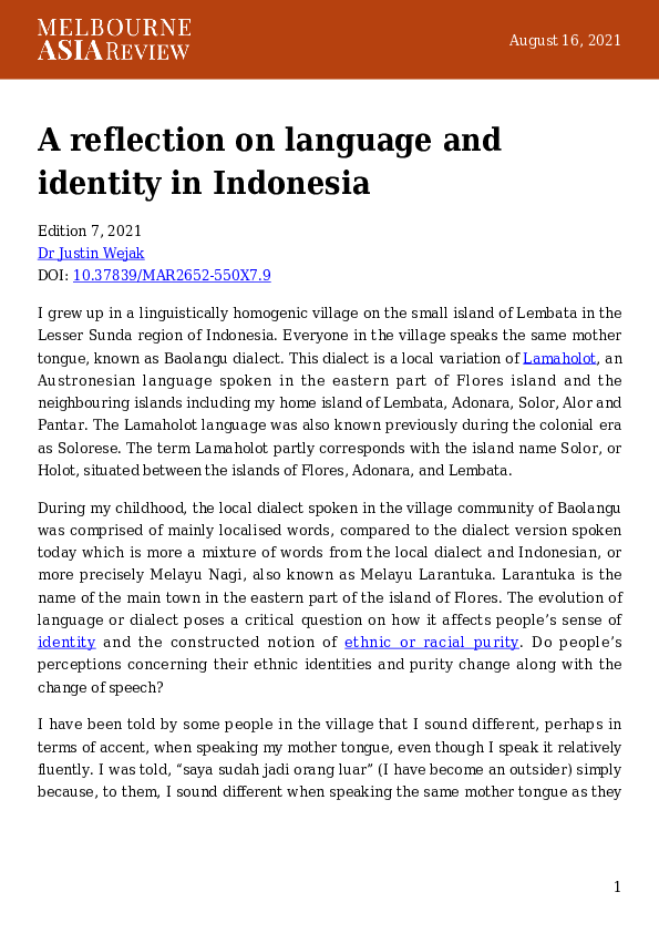 (PDF) A reflection on Language and identity in Indonesia