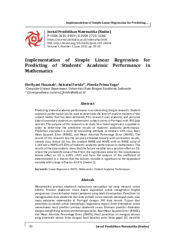 Pdf Implementation Of Simple Linear Regression For Predicting Of 8234