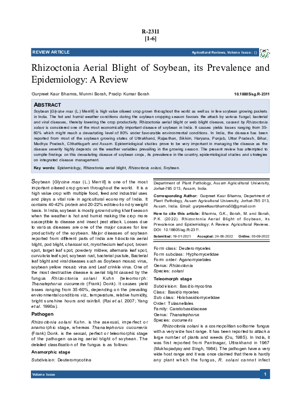 (PDF) Rhizoctonia Aerial Blight of Soybean, its Prevalence and ...