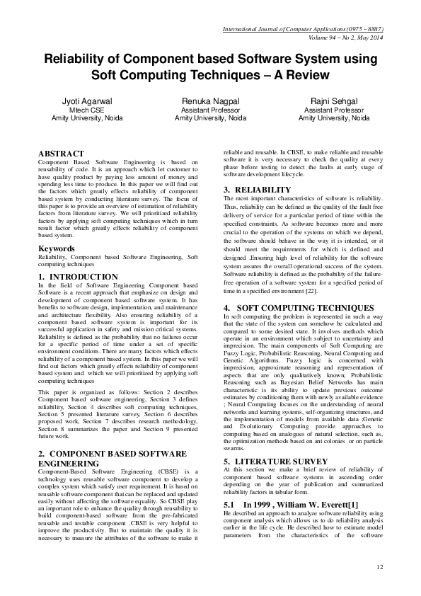 (PDF) Reliability of Component based Software System using Soft Computing Techniques-A Review