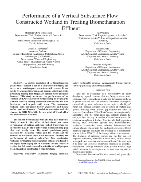 (PDF) Performance of a vertical subsurface flow constructed wetland in treating biomethanation ...