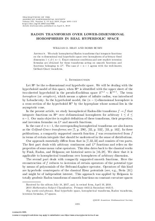 (PDF) Radon transforms over lower-dimensional horospheres in real hyperbolic space
