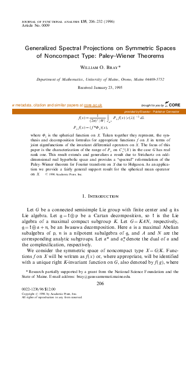 Pdf Generalized Spectral Projections On Symmetric Spaces Of Noncompact Type Paley Wiener Theorems