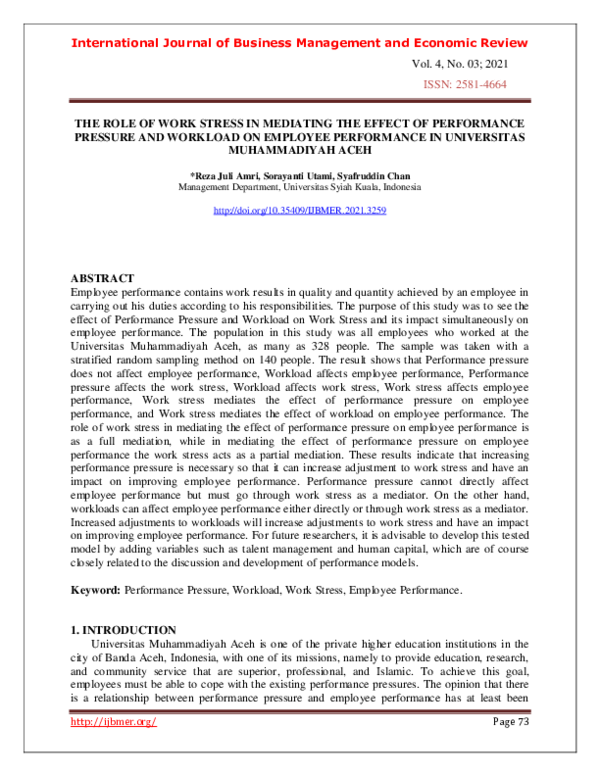 (PDF) The Role of Work Stress in Mediating the Effect of Performance Pressure and Workload on ...
