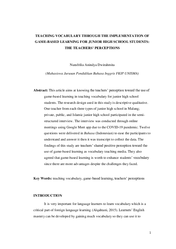 (PDF) Teaching Vocabulary through the Implementation of Game-Based Learning for Junior High ...
