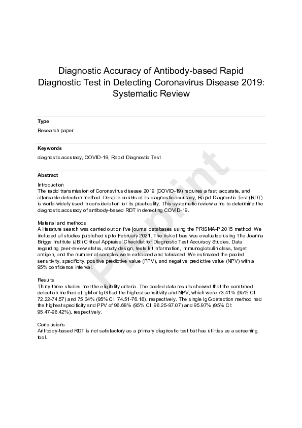 (PDF) Diagnostic Accuracy of Antibody-based Rapid Diagnostic Test in ...