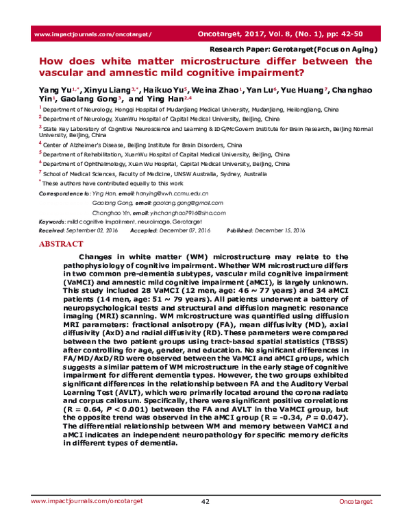 (PDF) How does white matter microstructure differ between the vascular and amnestic mild ...