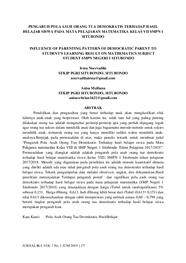 (PDF) Pengaruh Pola Asuh Orang Tua Demokratis Terhadap Hasil Belajar Siswa Pada Mata Pelajaran ...