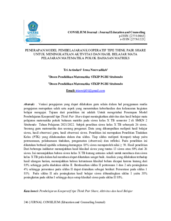 (PDF) Penerapan Model Pembelajaran Kooperatif Tipe Think Pair Share Untuk Meningkatkan Aktivitas ...