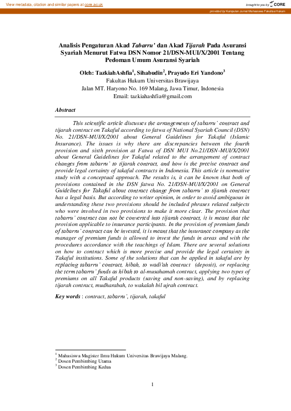 (PDF) Analisis Pengaturan Akad Tabarru’ dan Akad Tijarah Pada Asuransi ...