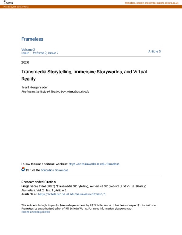 (PDF) Transmedia Storytelling, Immersive Storyworlds, and Virtual Reality