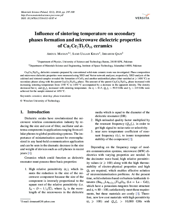 (PDF) Influence of sintering temperature on secondary phases formation and microwave dielectric ...