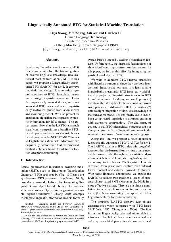 (PDF) Linguistically annotated BTG for statistical machine translation | AiTi Aw - Academia.edu