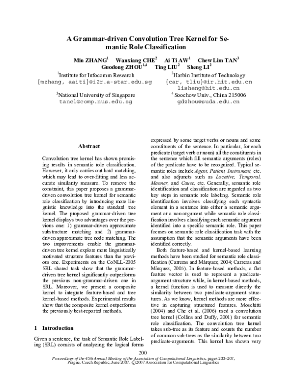 Pdf A Grammar Driven Convolution Tree Kernel For Semantic Role Classification