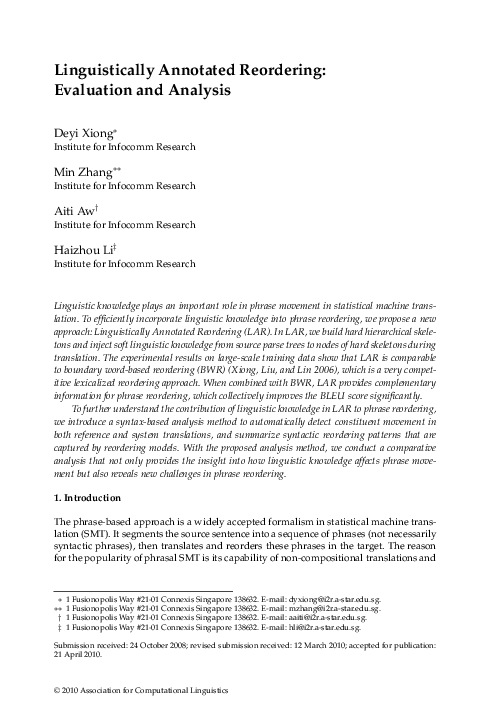 Pdf Linguistically Annotated Reordering Evaluation And Analysis Aiti Aw