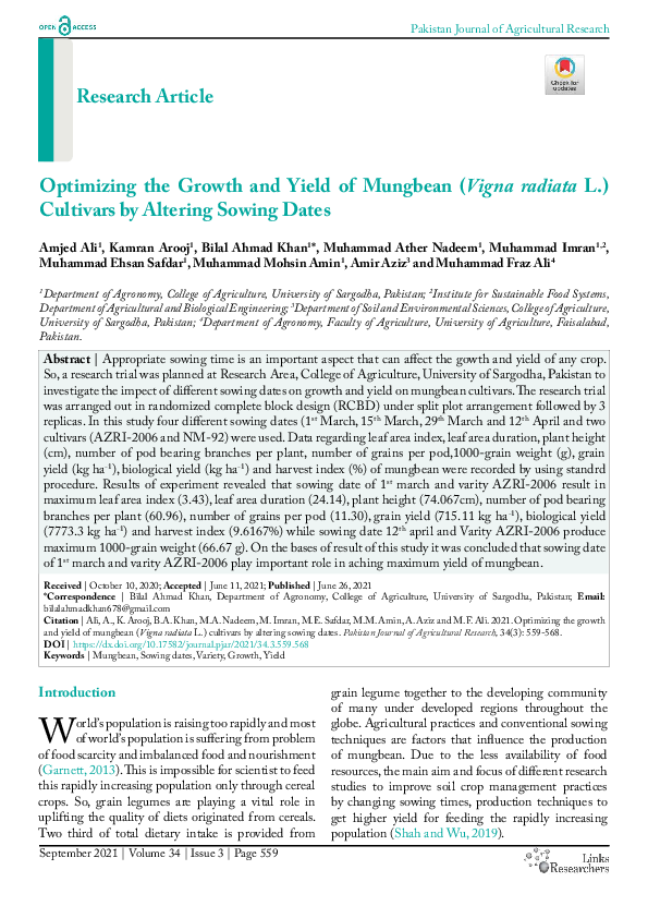 (PDF) Optimizing the Growth and Yield of Mungbean (Vigna radiata L ...