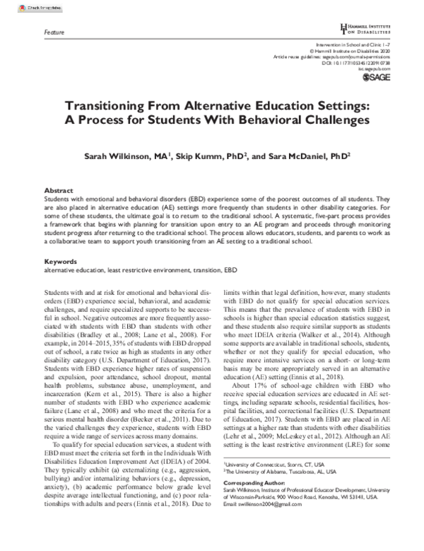 (PDF) Transitioning From Alternative Education Settings: A Process for ...