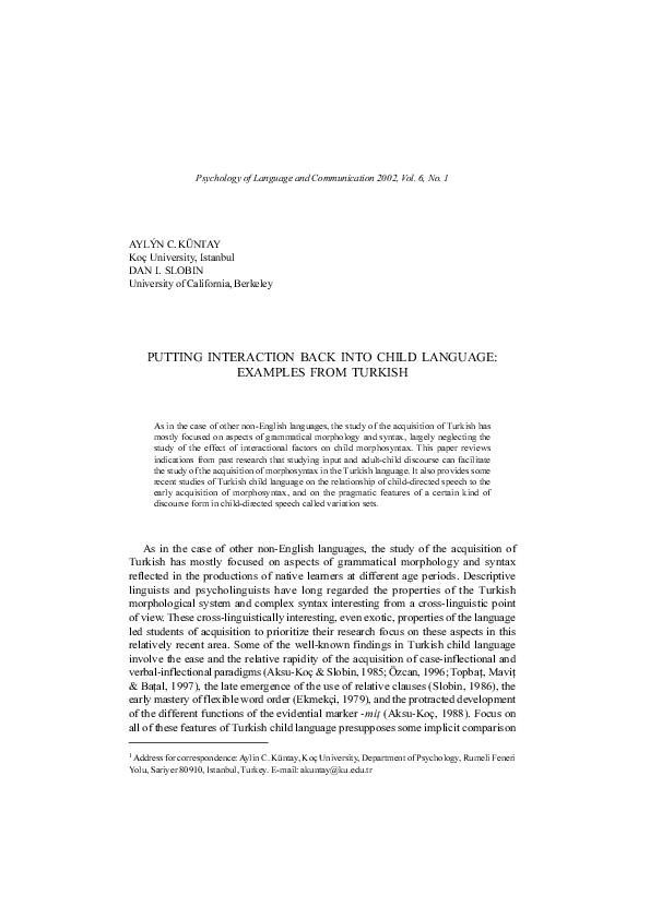 (PDF) Putting interaction back into child language: Examples from Turkish