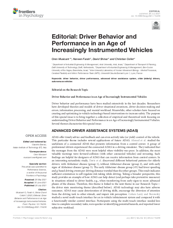 (PDF) Editorial: Driver Behavior and Performance in an Age of ...