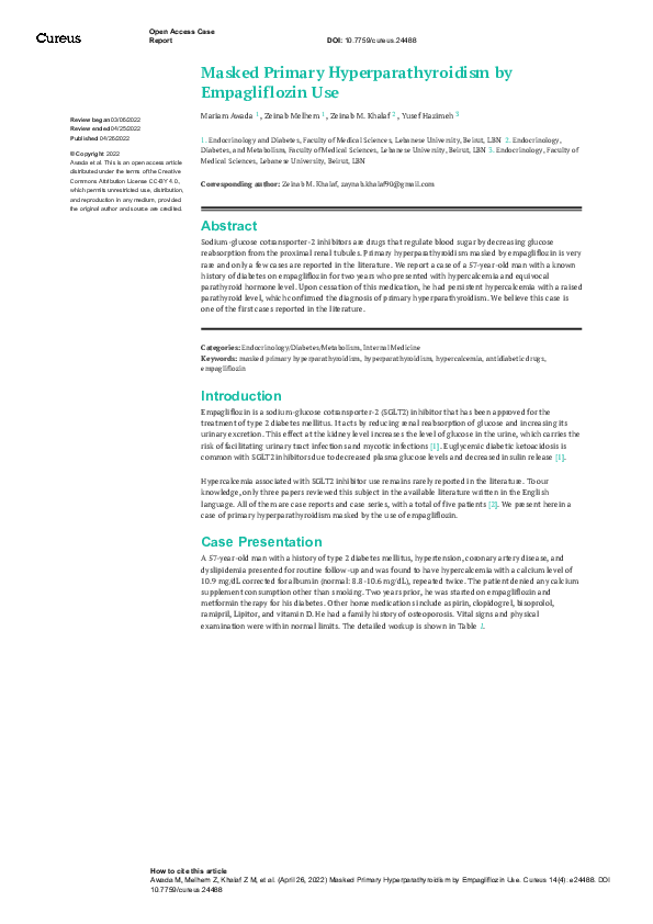 (PDF) Masked Primary Hyperparathyroidism by Empagliflozin Use | Zeinab Khalaf - Academia.edu